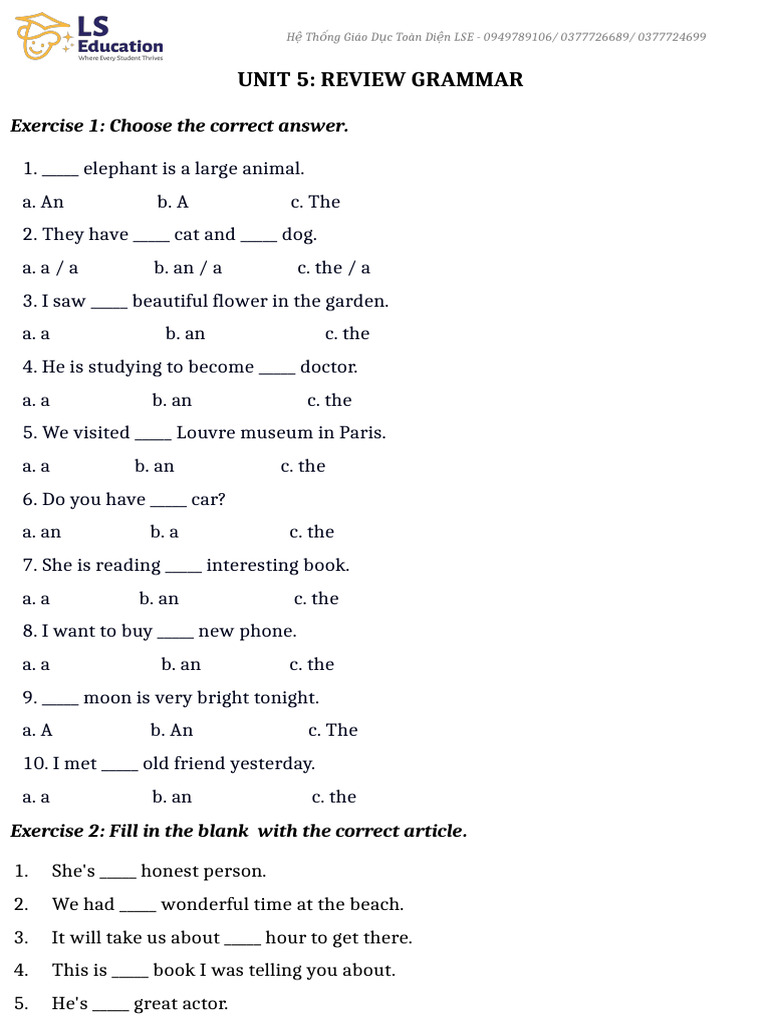 Grammar Review: Articles Exercises | PDF