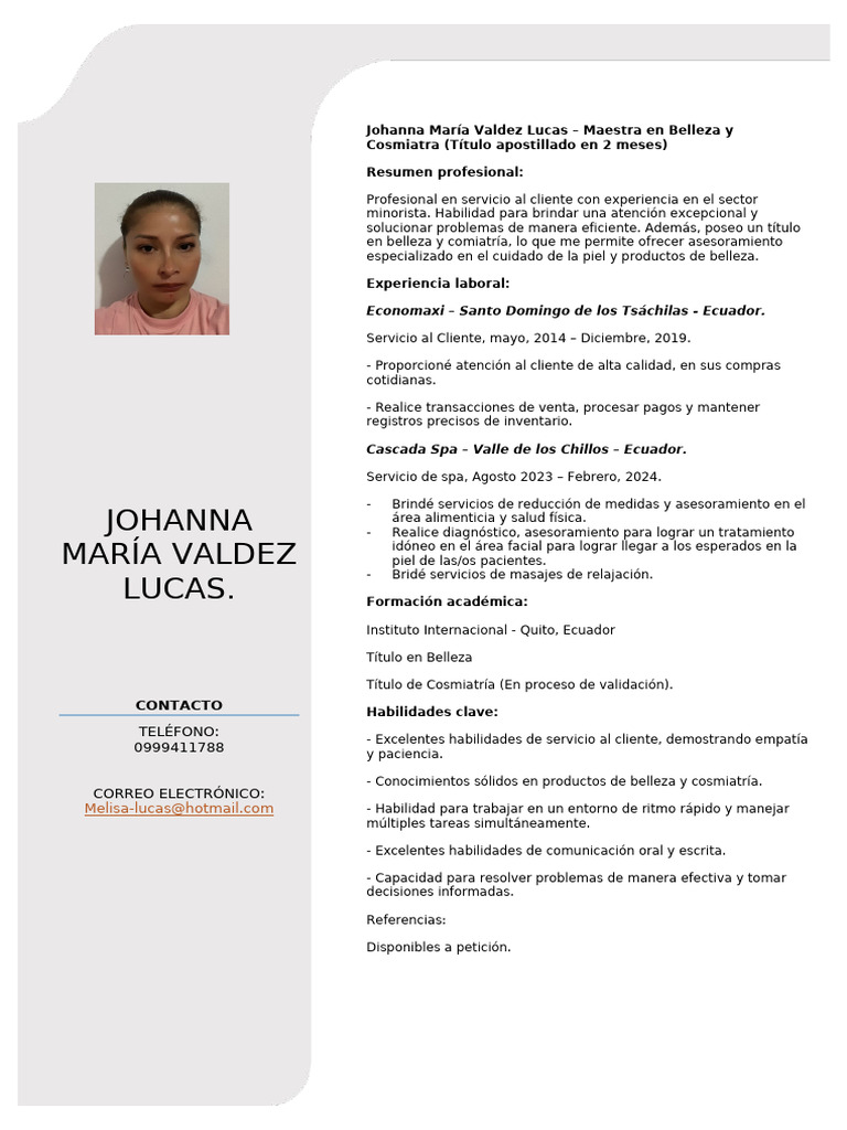 Johanna María Valdez Lucas | PDF | Servicio al Cliente | Ecuador