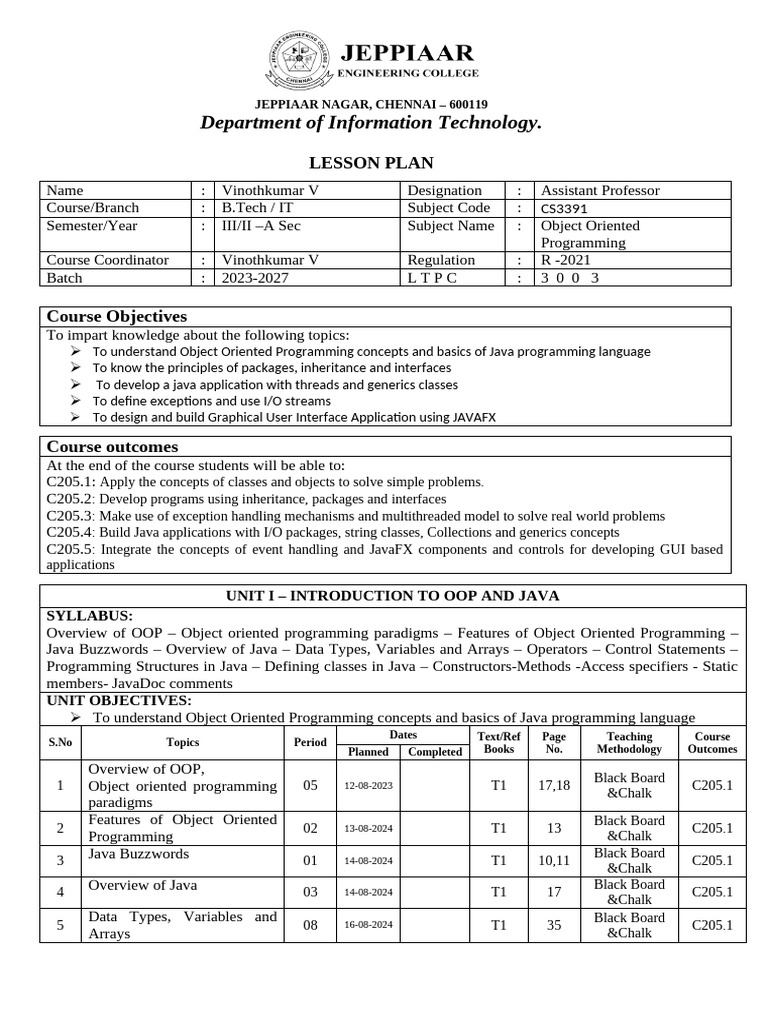 Oop Lesson Plan Cs3391 Jec Pdf Method Computer Programming Object Oriented Programming