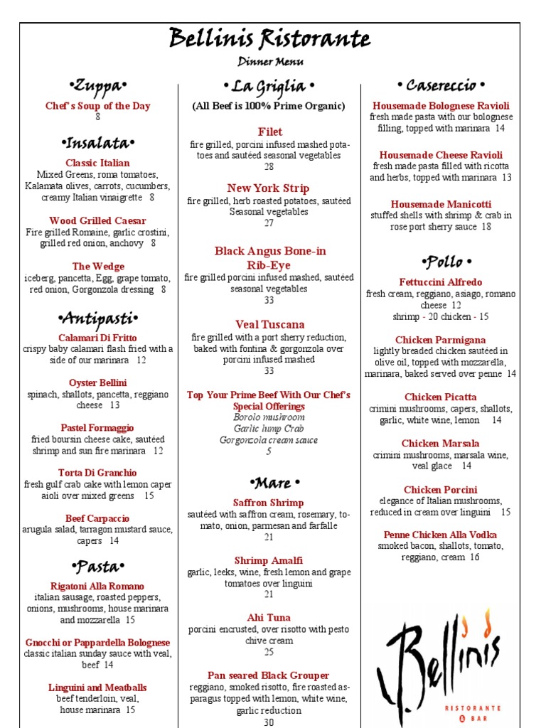 Bellinis Main Menu | PDF | Salad | Mediterranean Cuisine
