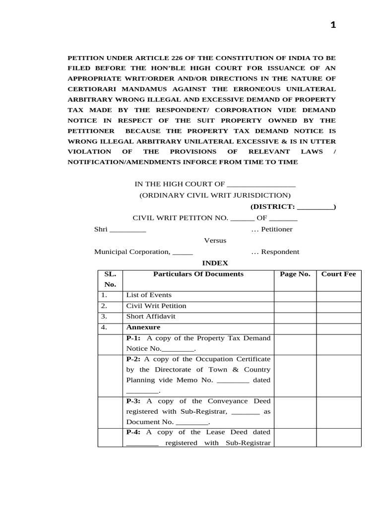 Petition Under Article 226 of The Constitution of India To Be Filed Before The Hon'ble High ...