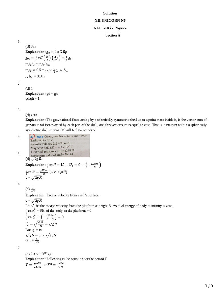 Xii Unicorn N6 Phy Sol | PDF | Force | Classical Mechanics