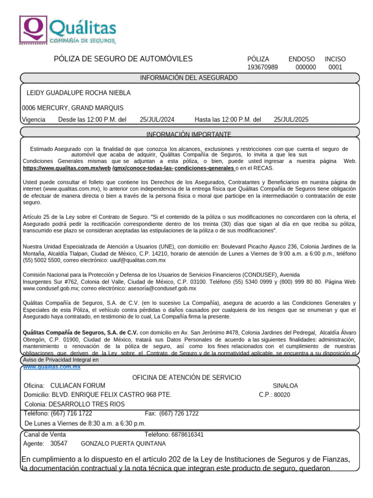 Póliza de Seguro Automóvil Quálitas 2024 | PDF | Póliza de seguros | Seguro