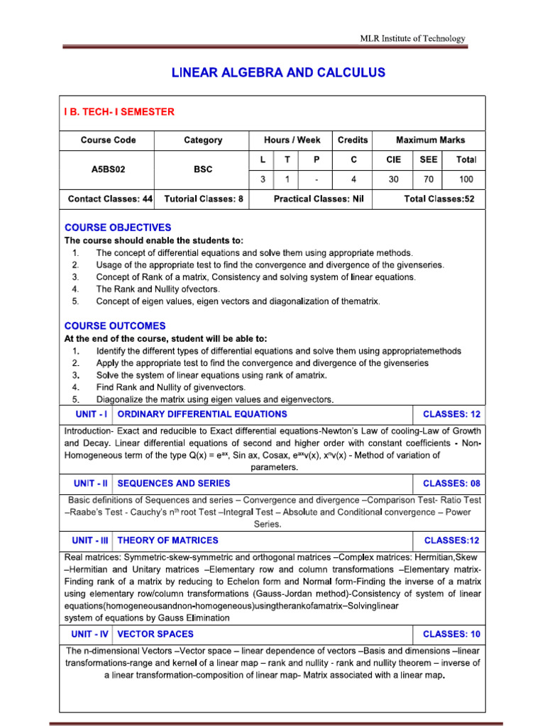Linear Algebra and Calculus | PDF