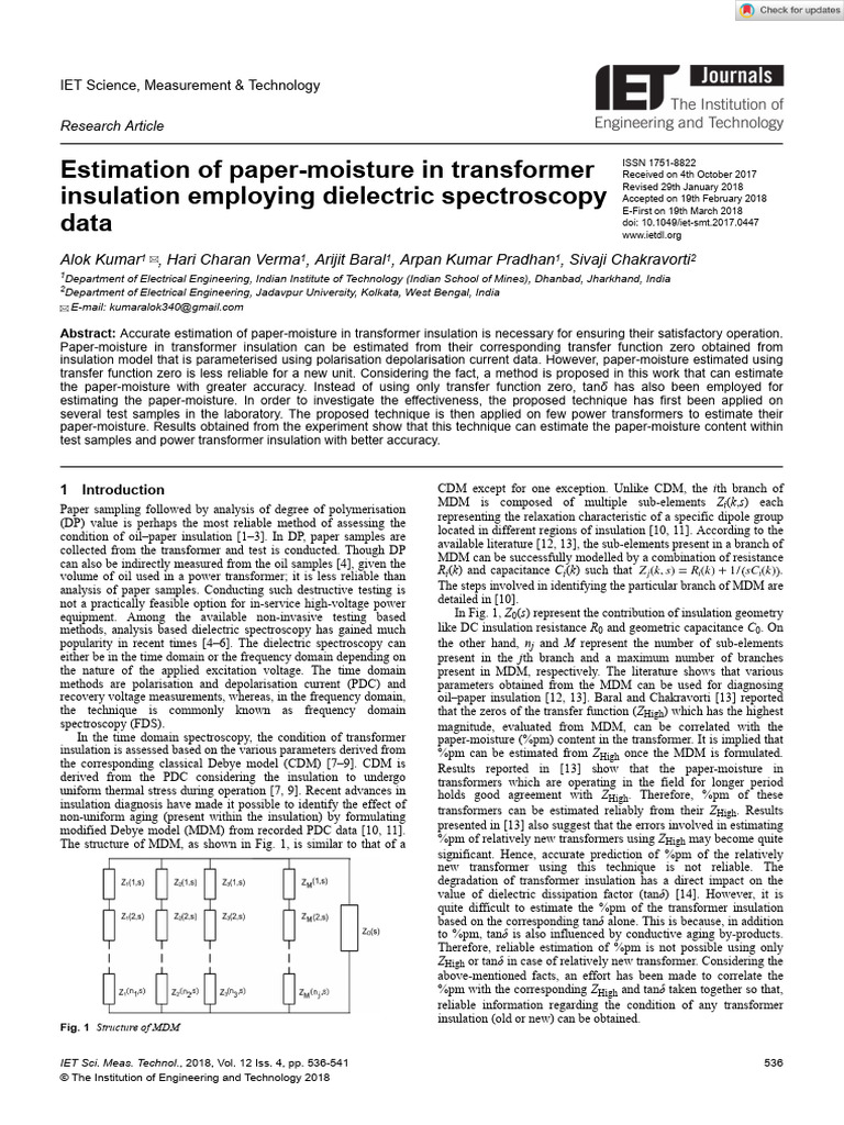 IET Science Measure Tech - 2018 - Kumar - Estimation of Paper Moisture in Transformer Insulation ...