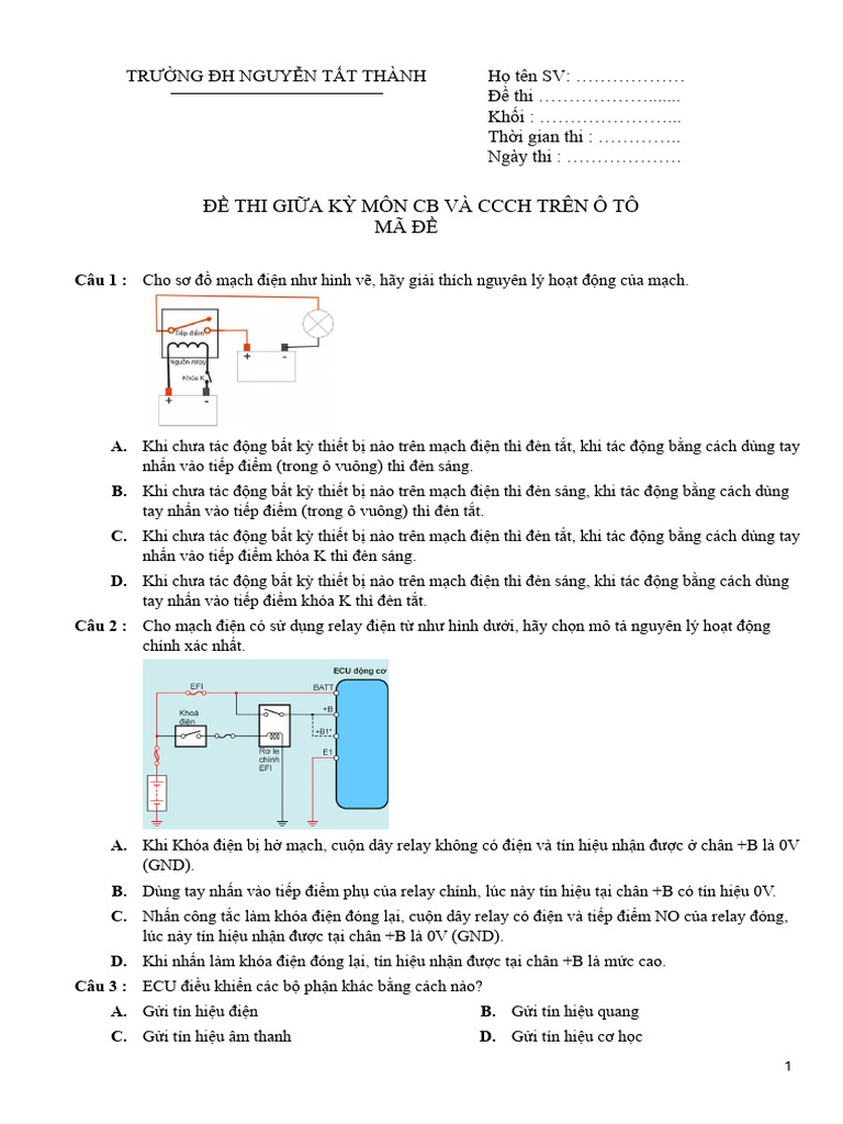 Đề Thi Giữa Kỳ Môn Cb Và Ccch Trên Ô Tô (MÃ ĐỀ 002) | PDF