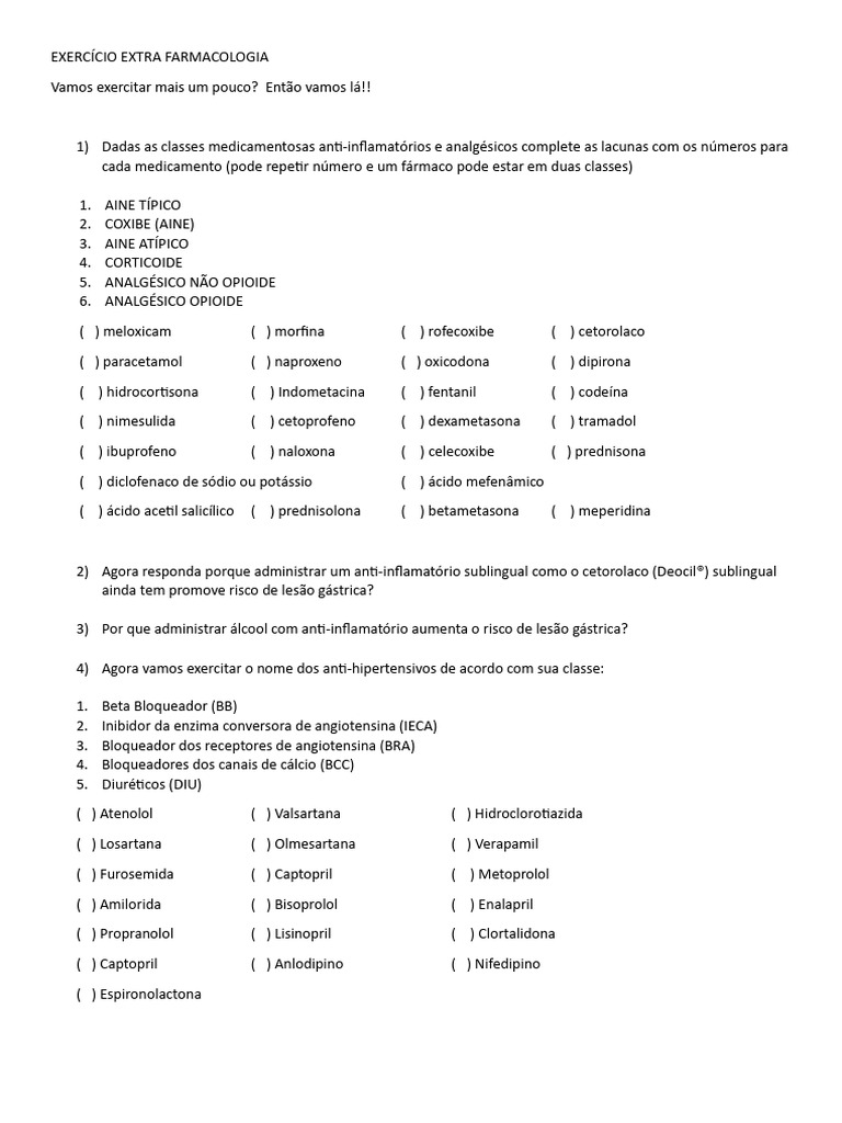 EXERCÍCIO EXTRA Ta2 Ta3 | PDF | Anti-inflamatório não esteroide | Opioide