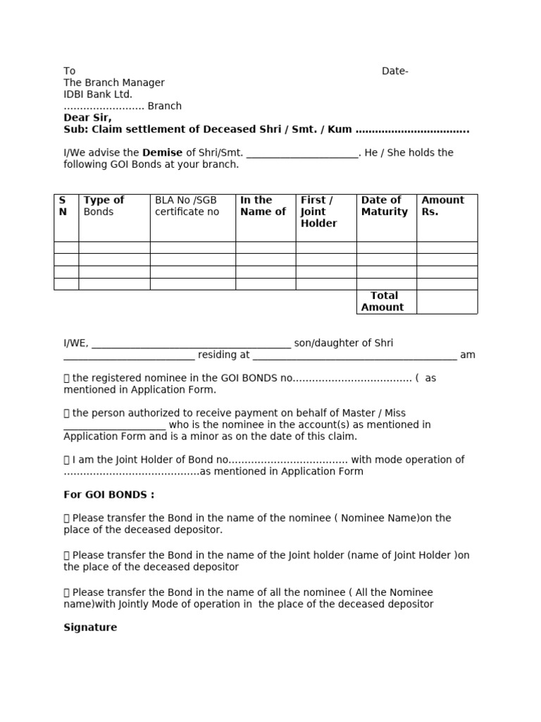 Revised Format For Death Claim Doc - 2 | PDF | Bonds (Finance)