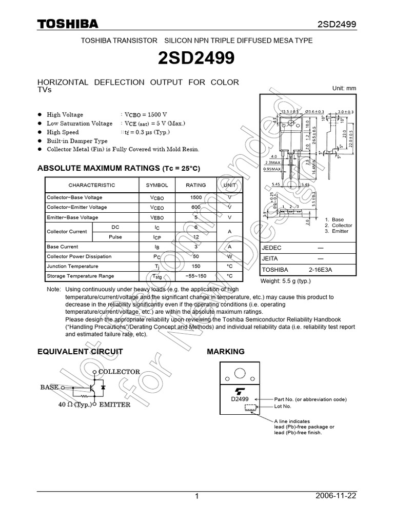 Horizontal Deflection Output For Color TVS: Absolute Maximum Ratings | PDF | Bipolar Junction ...