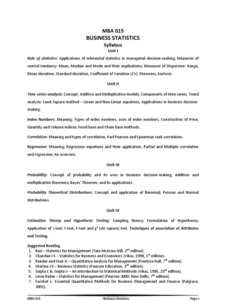 Business Statistics: Syllabus | PDF | Arithmetic Mean | Median