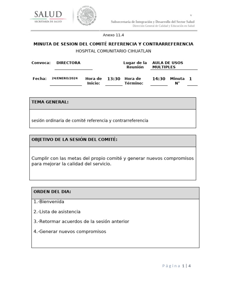 Minuta de Sesion 1 Comite Ref y Contrareferencias 2024 | PDF | Hospital