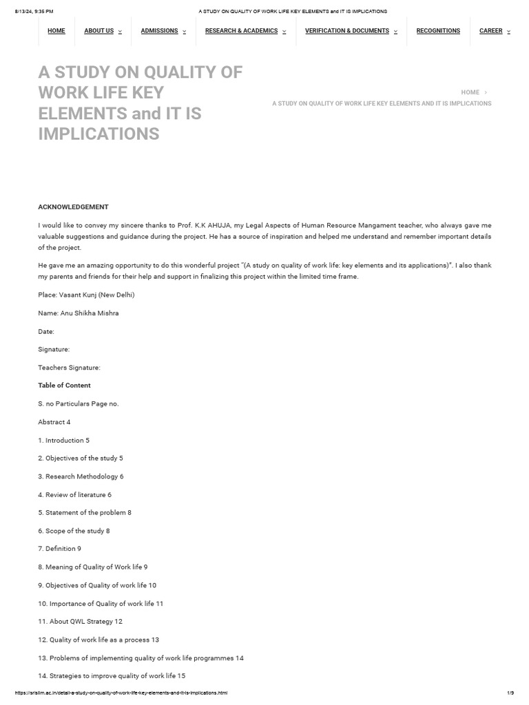 Quality of Work Life: Key Elements Study | PDF | Employment | Job ...