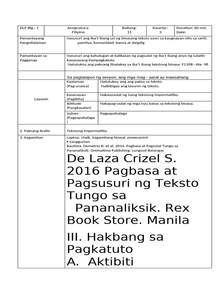 Detailed Lesson Plan in Filipino | PDF