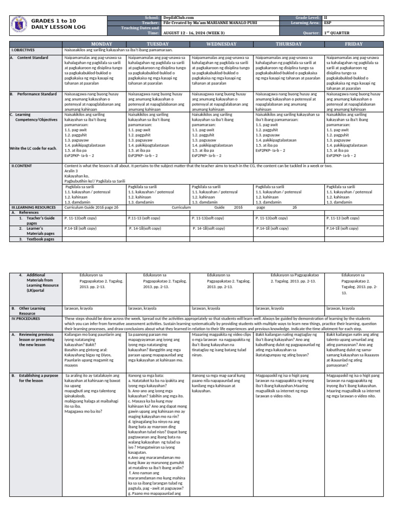 DLL - Esp 2 - Q1 - W3 | PDF