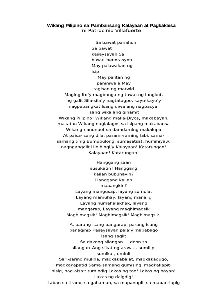 PYESA Wikang Pilipino Sa Pambansang Kalayaan at Pagkakaisa | PDF