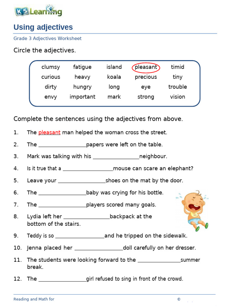 Grammar Worksheet Grade 3 Adjectives Sentences 0 | PDF