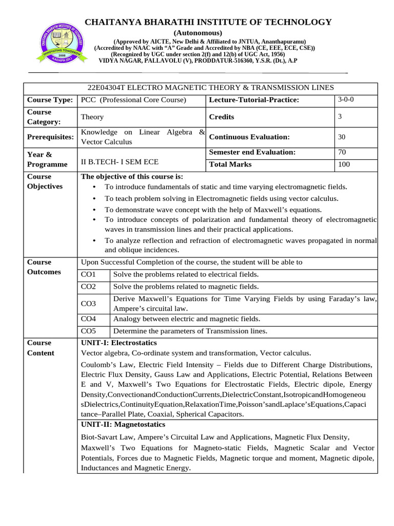 Emtl Syllabus | PDF | Magnetic Field | Waves