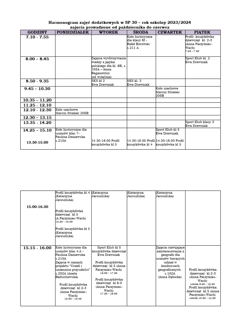 Harmonogram Zajęc Dodatkowych W SP30 2023-24 | PDF