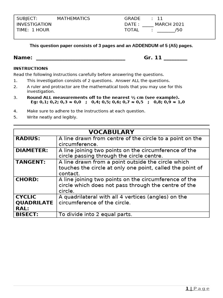 GR 11 Investigation 2021 | PDF | Circle | Analytic Geometry GR 11 Investigation 2021 | PDF | Circle | Analytic Geometry