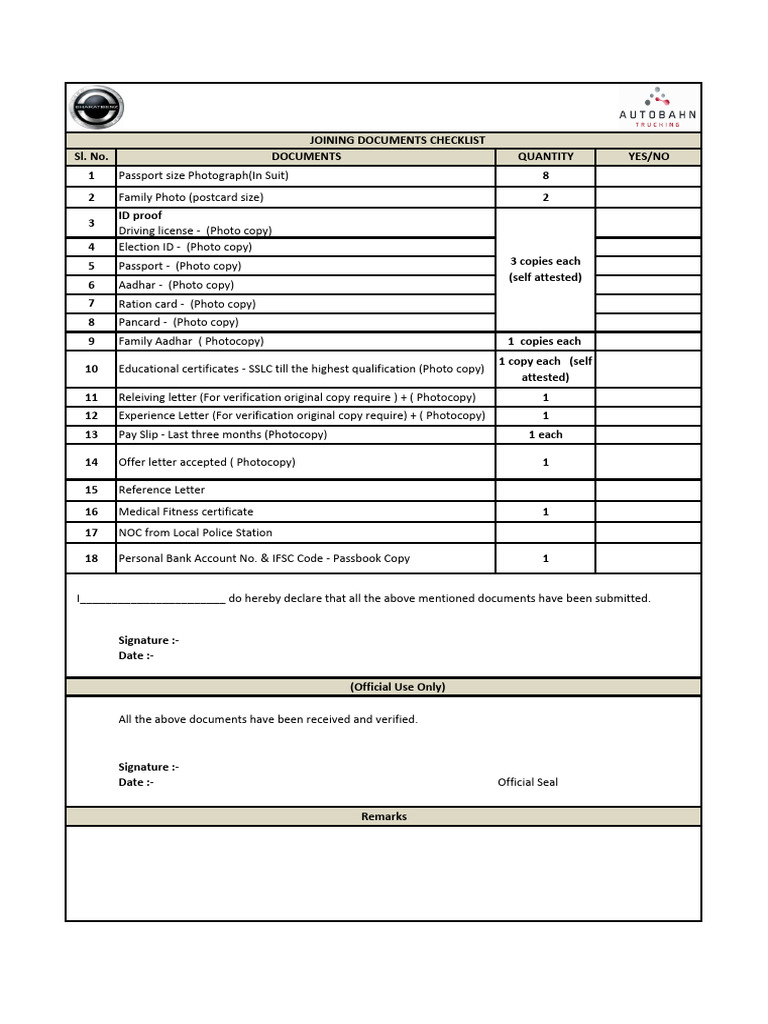 Joining Documents Checklist for Employees | PDF