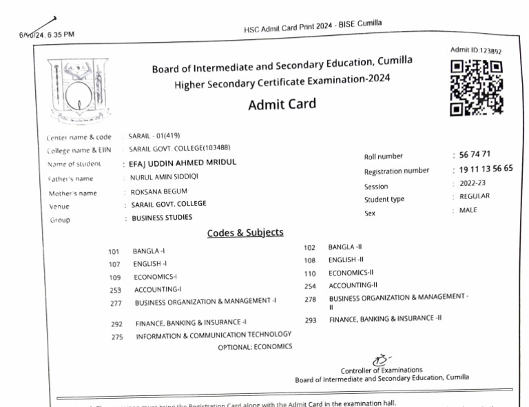 Admit Card HSC | PDF