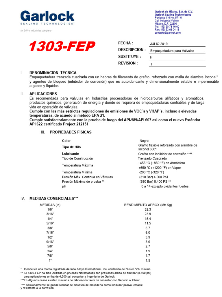 HOJA TECNICA 1303-FEP REV I (1) Garlock | PDF