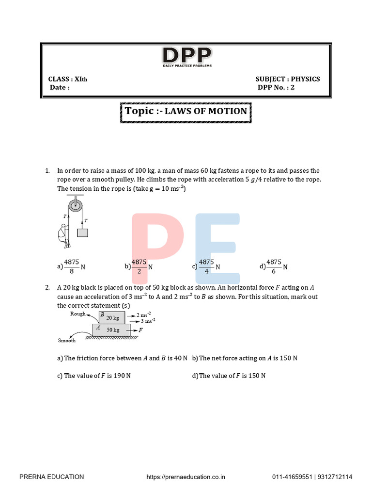 Force and Laws of Motion DPP 2 Min | PDF | Force | Mass