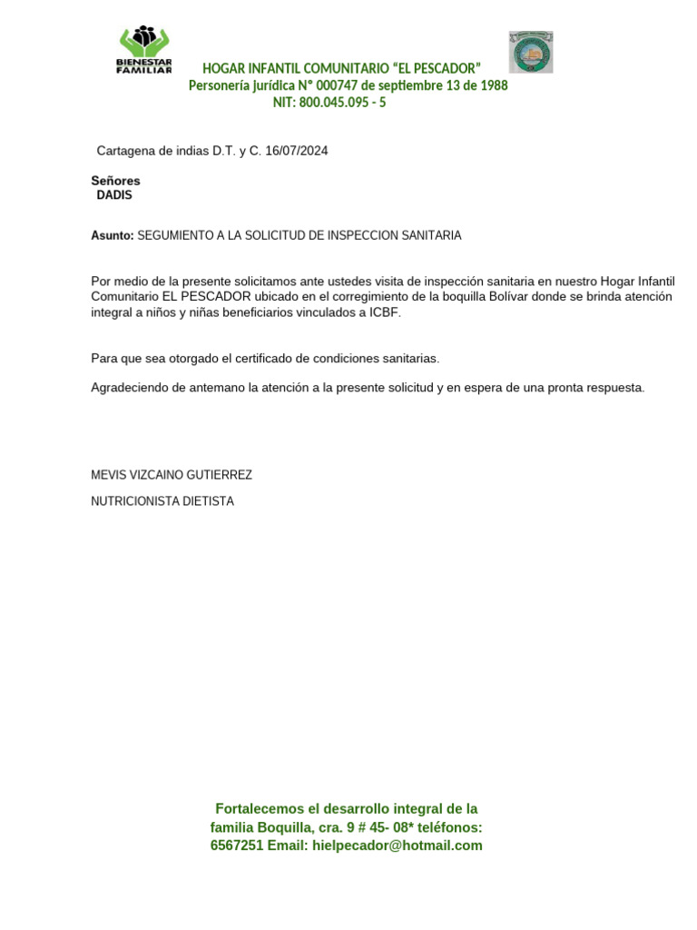 Solicitud de Inspección Sanitaria | PDF