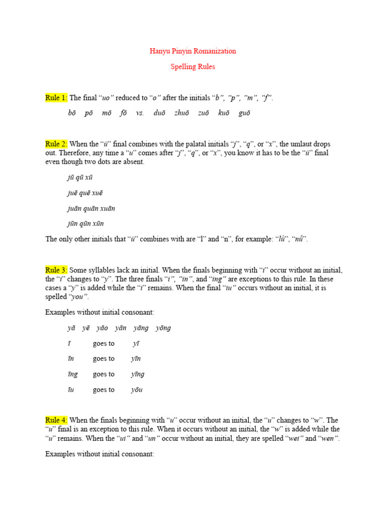 Pinyin Romanization - Spelling Rules | PDF | Pinyin | Tone (Linguistics)