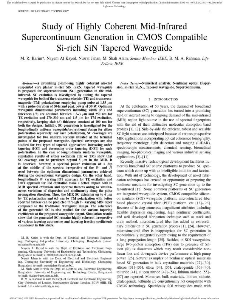 Study of Highly Coherent Mid-Infrared Supercontinuum Generation in CMOS ...
