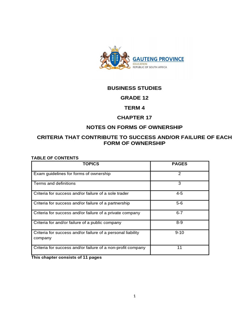 Revised Chapter 17 Grade 12 Notes on Forms of Ownership | PDF ...