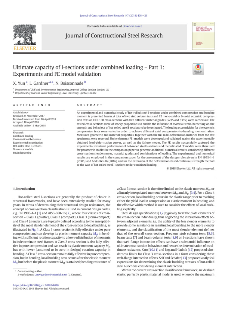 4 - Ultimate Capacity of I-Sections Under Combined Loading. Part 1 Experiments and FE Model ...