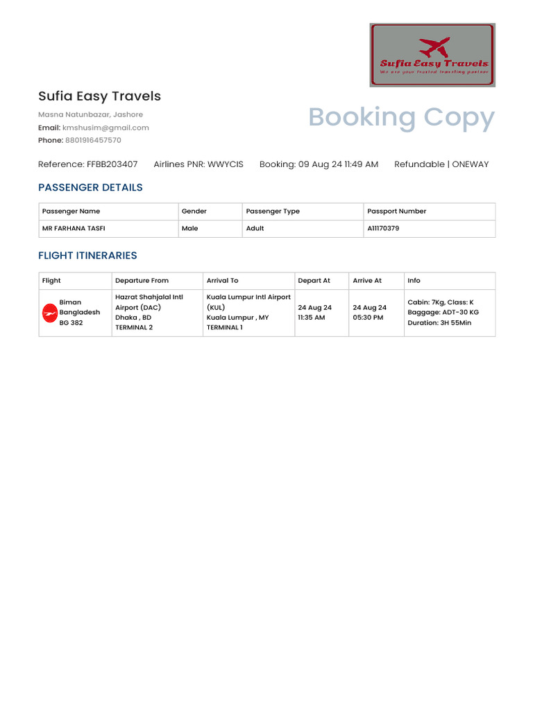 Booking Confirmation Without Price DAC-KUL 2024-08-24 PAX-1 | PDF