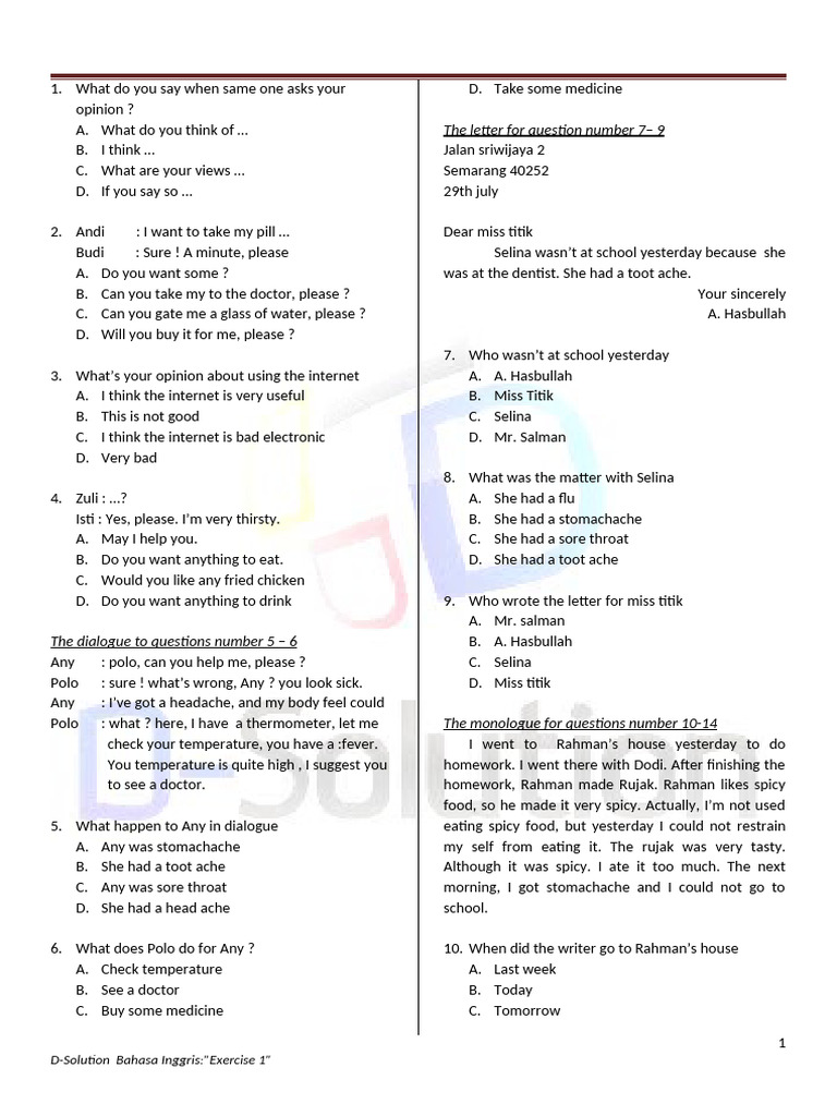 Soal Bahasa Inggris Kelas 8 Semester 2 Exercise 1 | PDF | Symptoms And ...