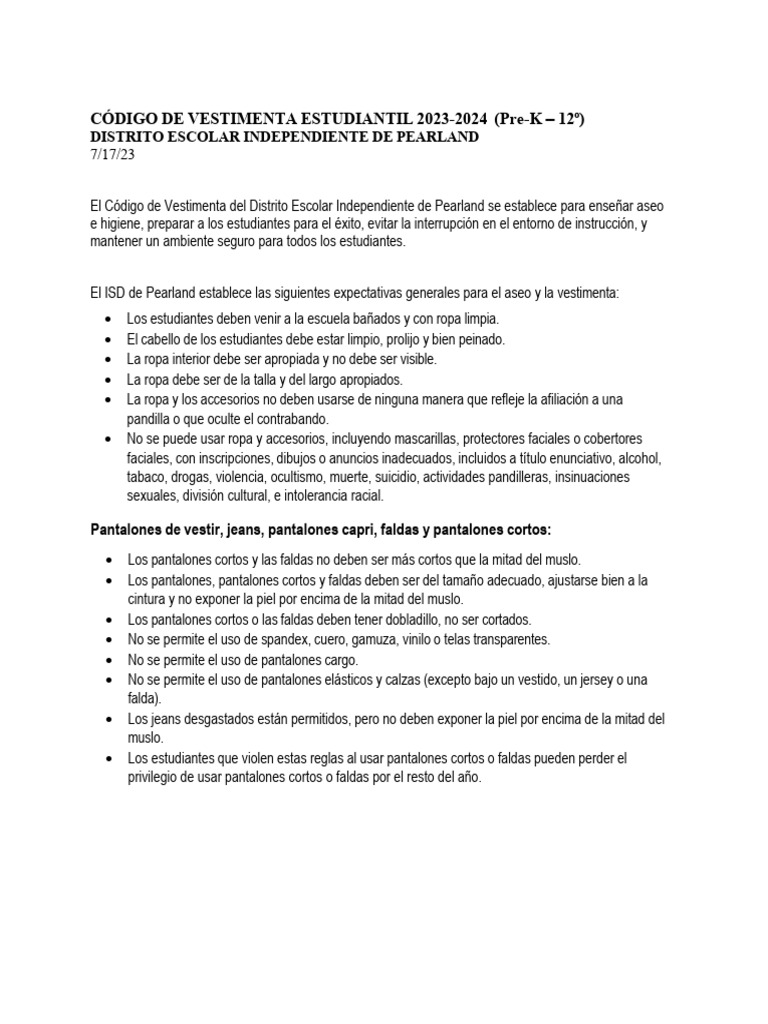 2023-24 Student Dress Code-SPA | PDF | Ropa | Falda