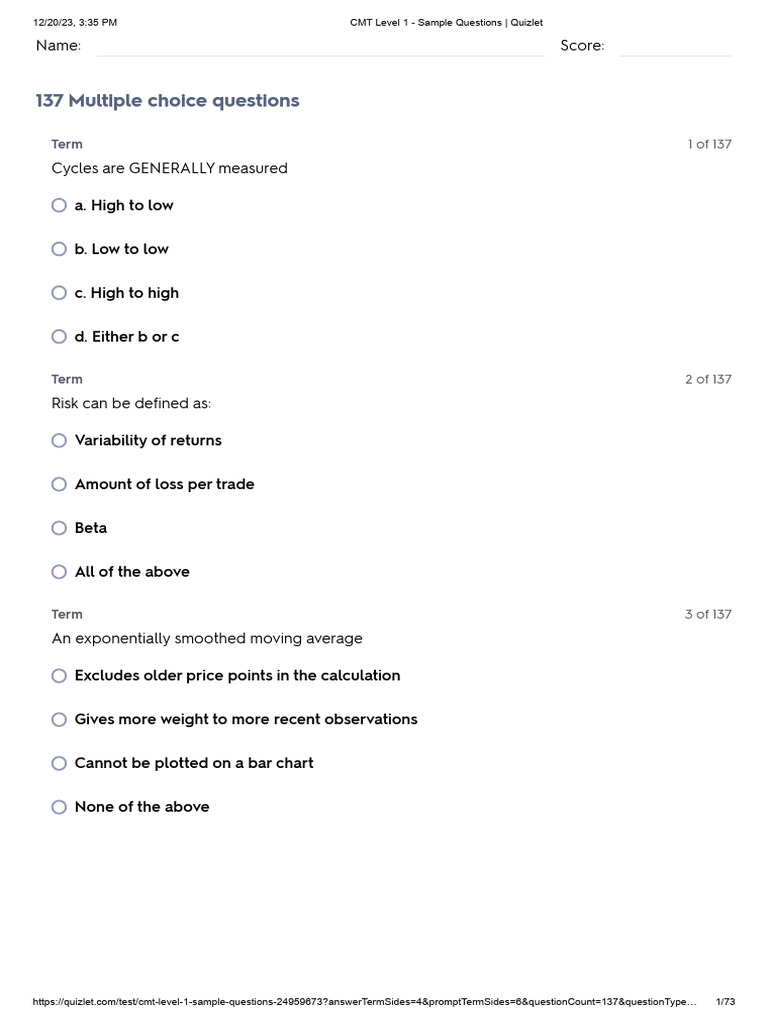 CMT Level 1 - Sample Questions - Quizlet | PDF | Technical Analysis | Market Trend