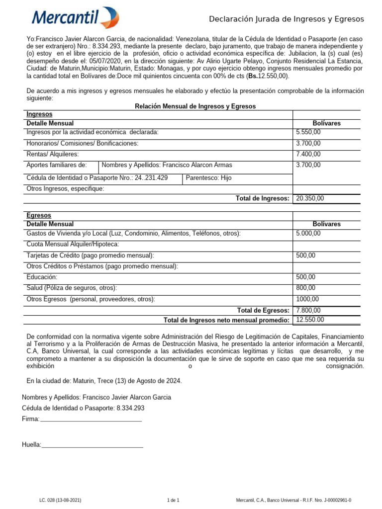 Declaracion Jurada - de - Ingresos | PDF | Documento de identidad