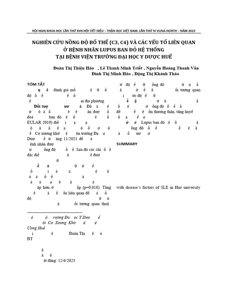 Nghiên Cứu Nồng Độ Bổ Thể (c3, c4) Và Các Yếu Tố Liên Quan | PDF
