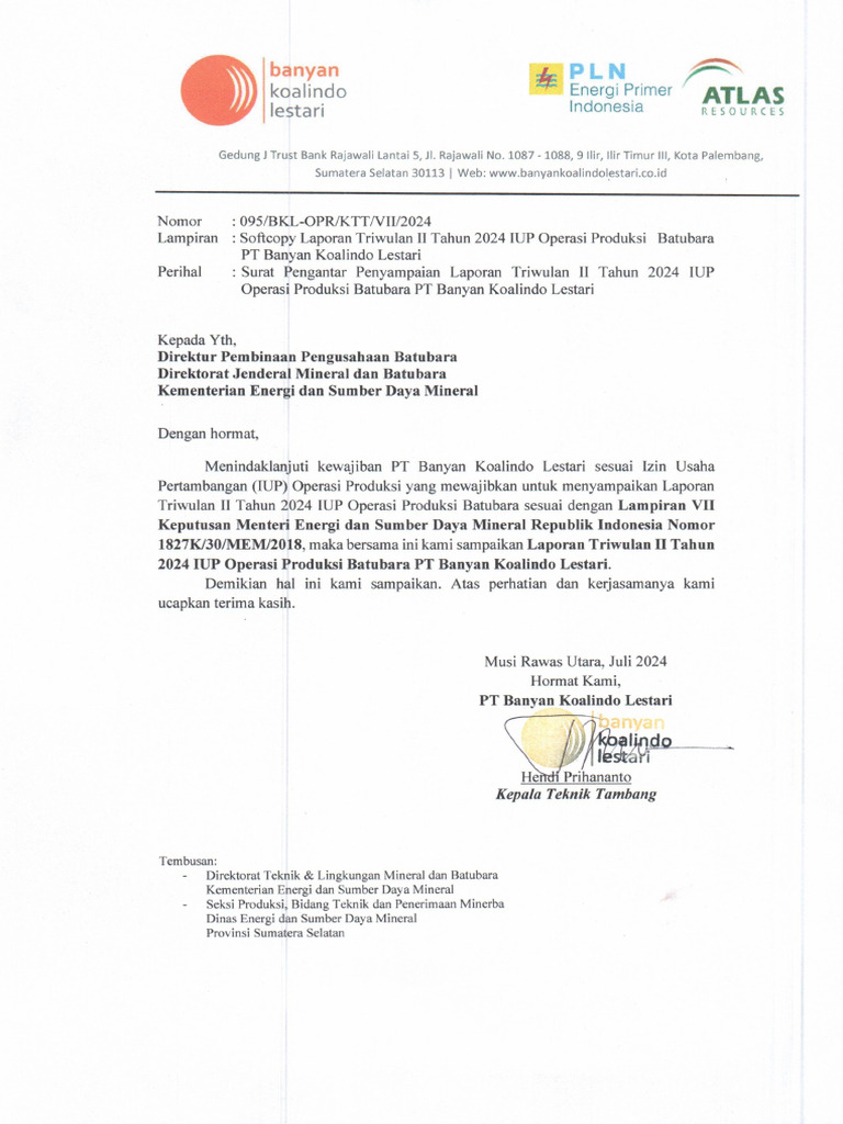 Surat Pengantar Penyampaian Laporan Triwulan II Tahun 2024 IUP Operasi ...