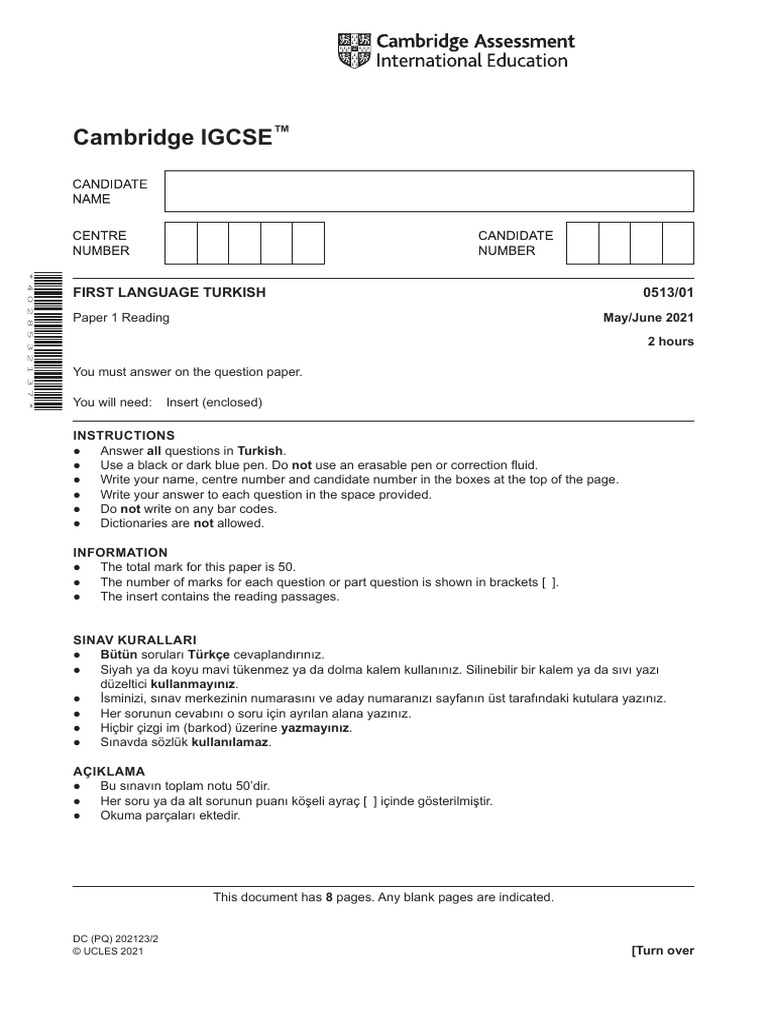 Cambridge IGCSE: First Language Turkish 0513/01 | PDF
