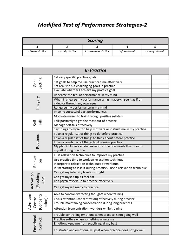 Modified Performance Strategies Test | PDF | Attention | Thought