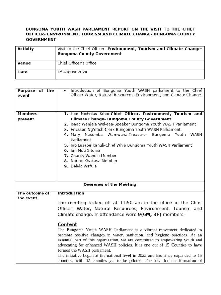 Bungoma Youith WASH Parliament Report-1st August 2024 | PDF | Wash | Economies