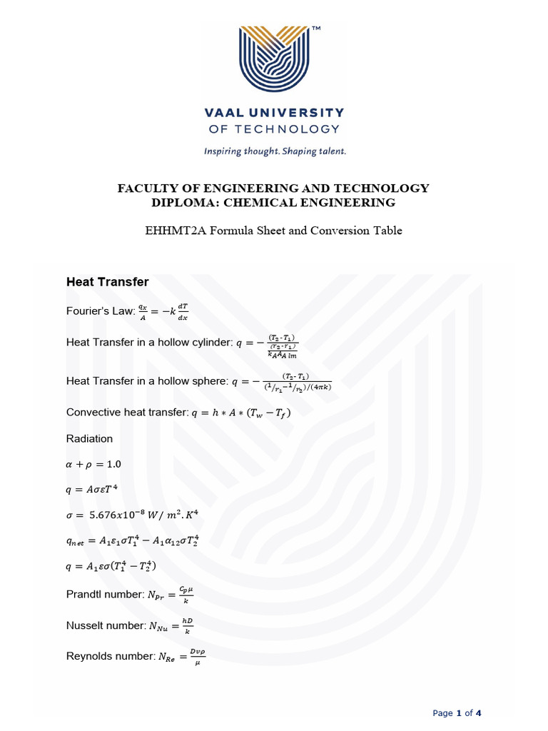 Heat & Mass Formula Sheet | PDF | Heat Transfer | Mechanical Engineering