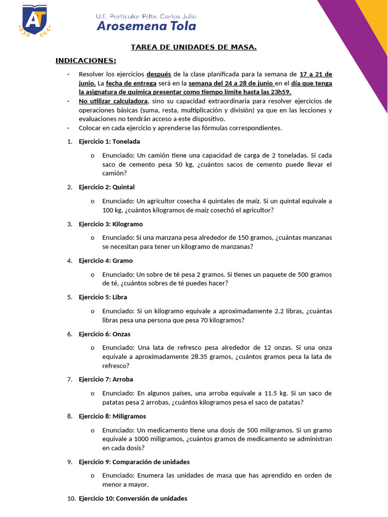 tarea-de-unidades-de-masa (2) | PDF | Libra (masa) | Kilogramo