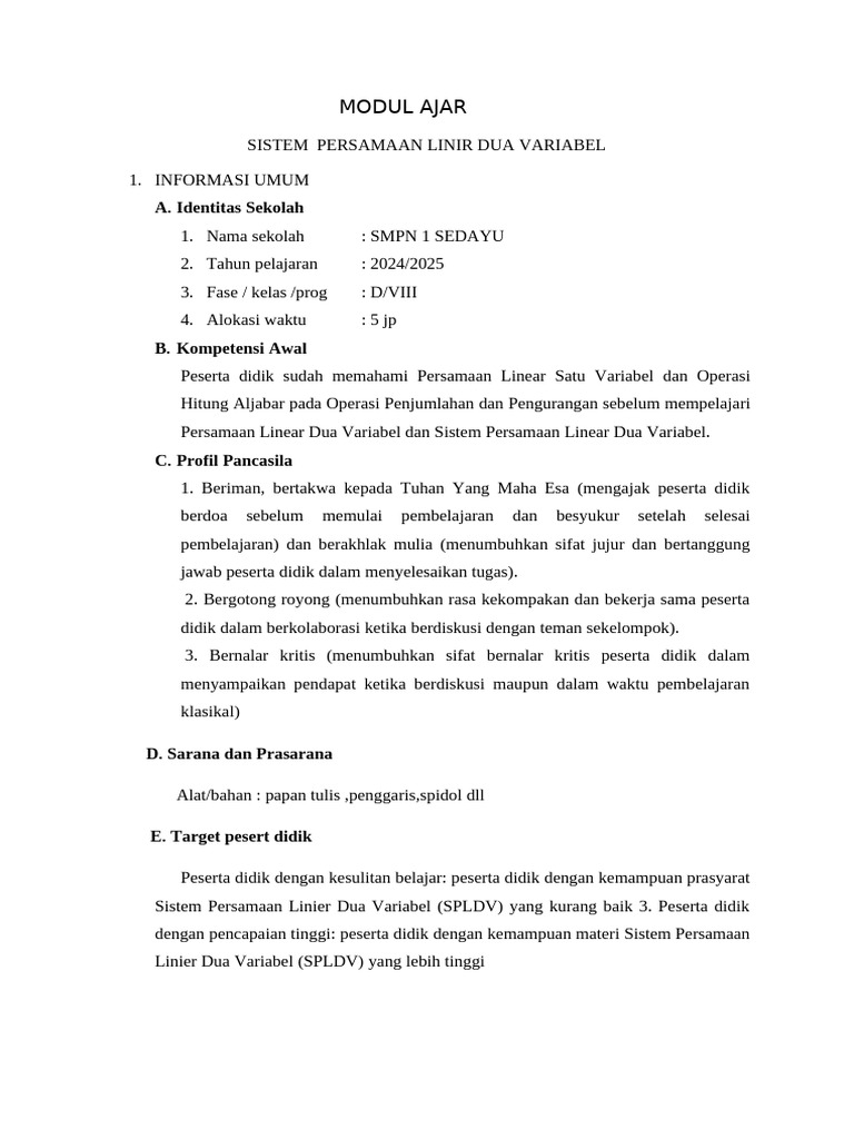 Modul Ajar SPLDV | PDF