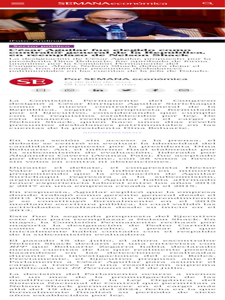 César Aguilar Fue Elegido Como Contralor General de La República, en Reemplazo de Nelson Shack ...