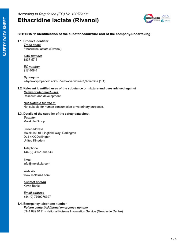 Safety Data Sheet - EN - (10390333) ETHACRIDINE LACTATE (RIVANOL) (1837 ...