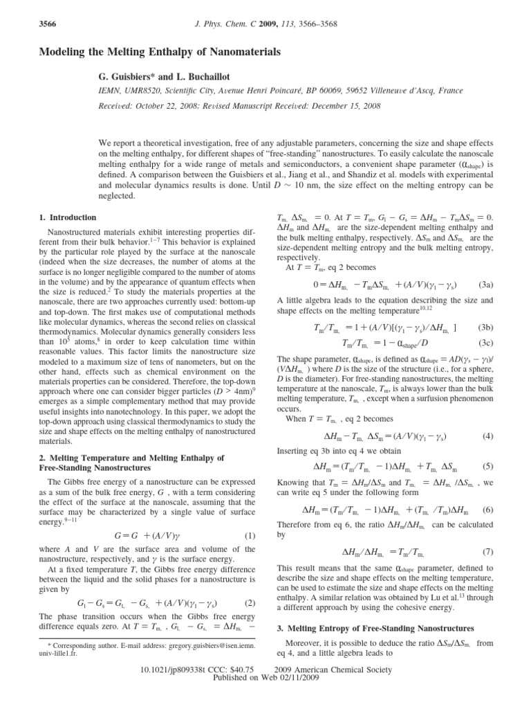 Publi - ACS - 2009 - Melting Enthalpy | PDF | Melting | Nanotechnology