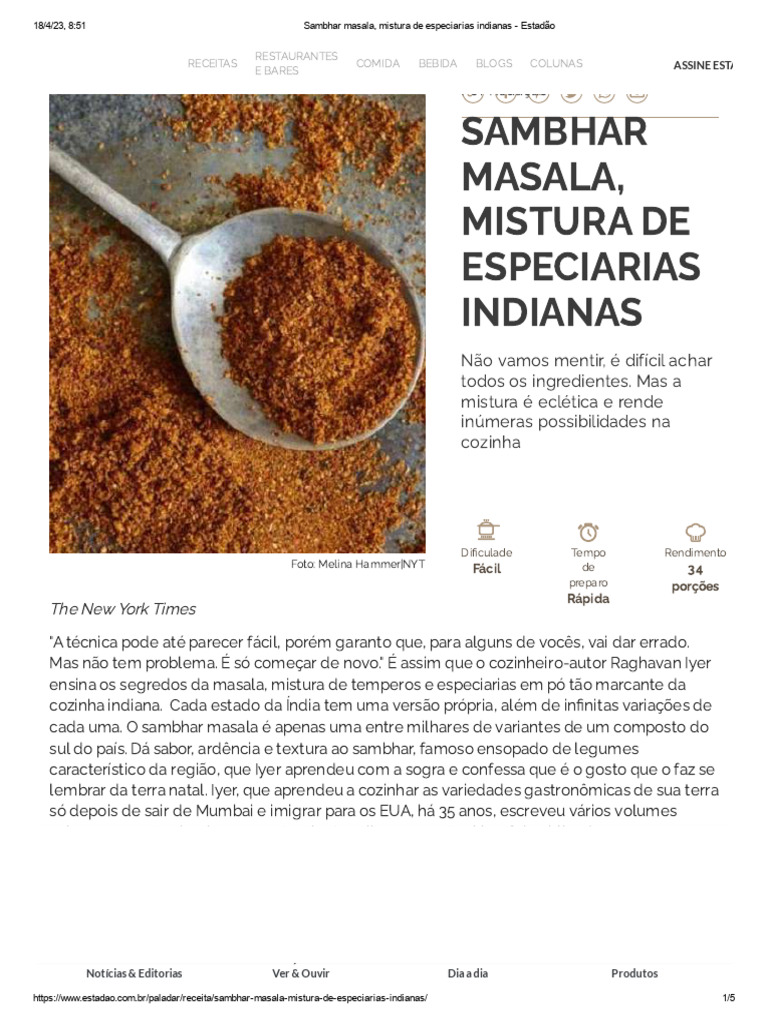 Sabhar Masala Mistura de Especiarias Indianas Autor Estadão | PDF ...