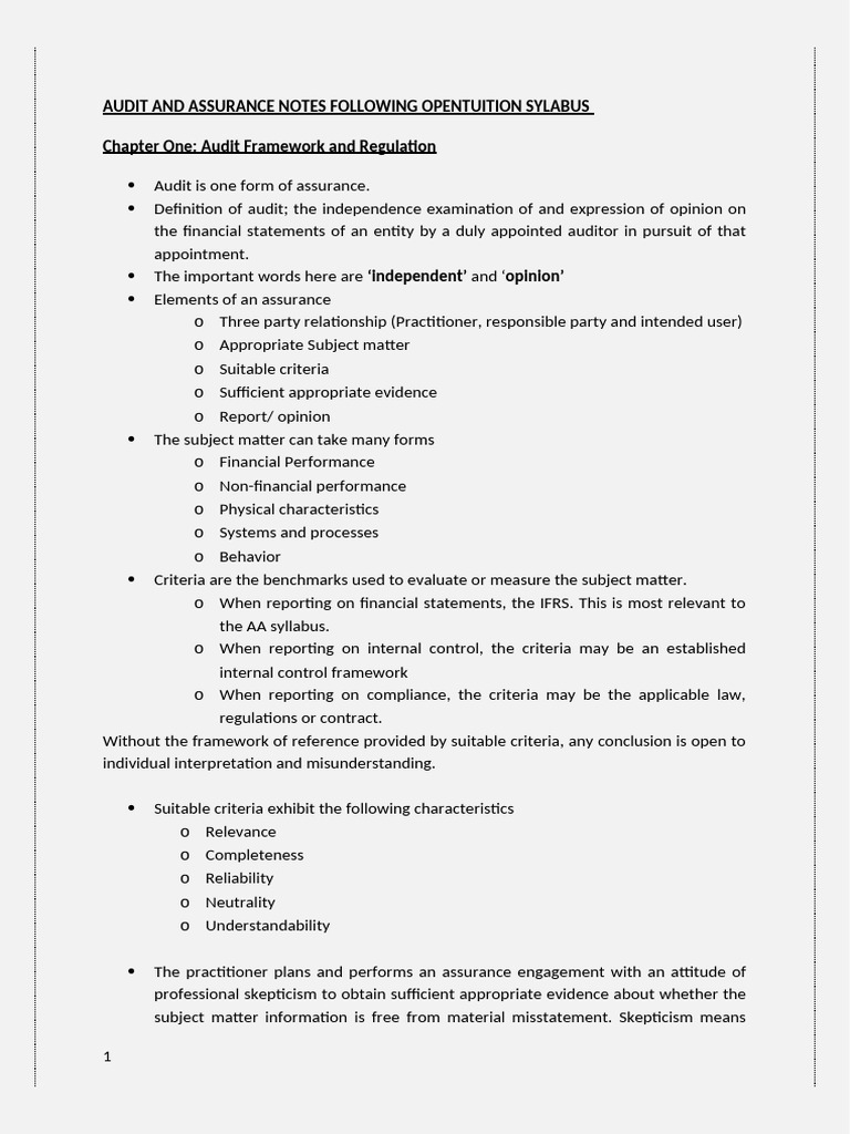 Audit and Assurance Notes Following Opentuition Sylabus | PDF | Audit ...